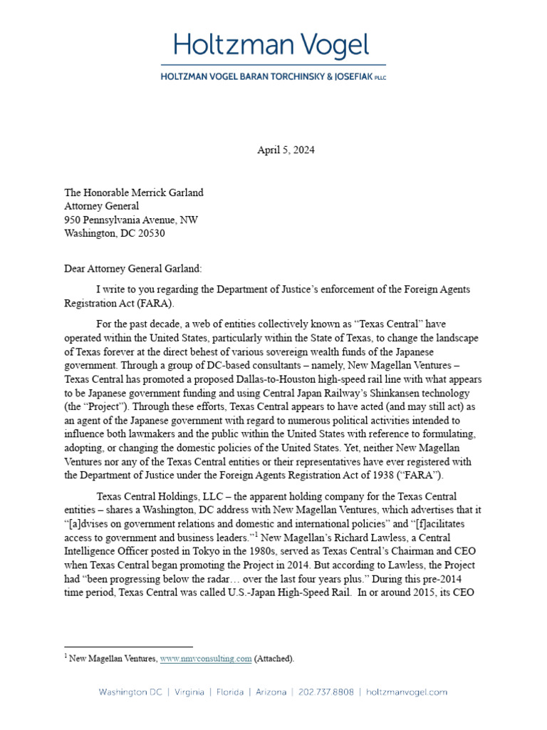DOJ Letter Re Texas Central - 4-5-24 Signed | Download Free PDF | Deed ...