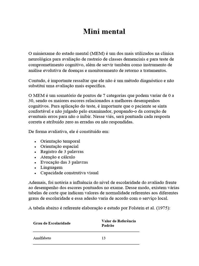 Mini mental | PDF | Triagem (Medicina) | Neuropsicologia