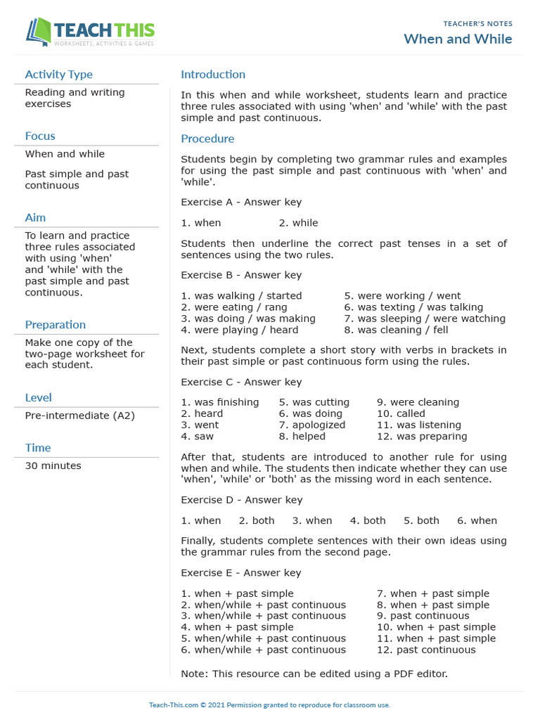 When vs. While: Past Simple & Continuous | PDF | Linguistics | Grammar