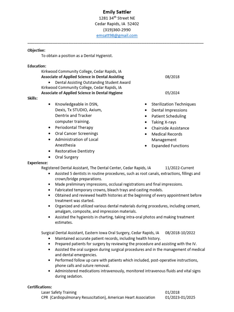 Resume - Emily Sattler | PDF | Dentistry | Surgery