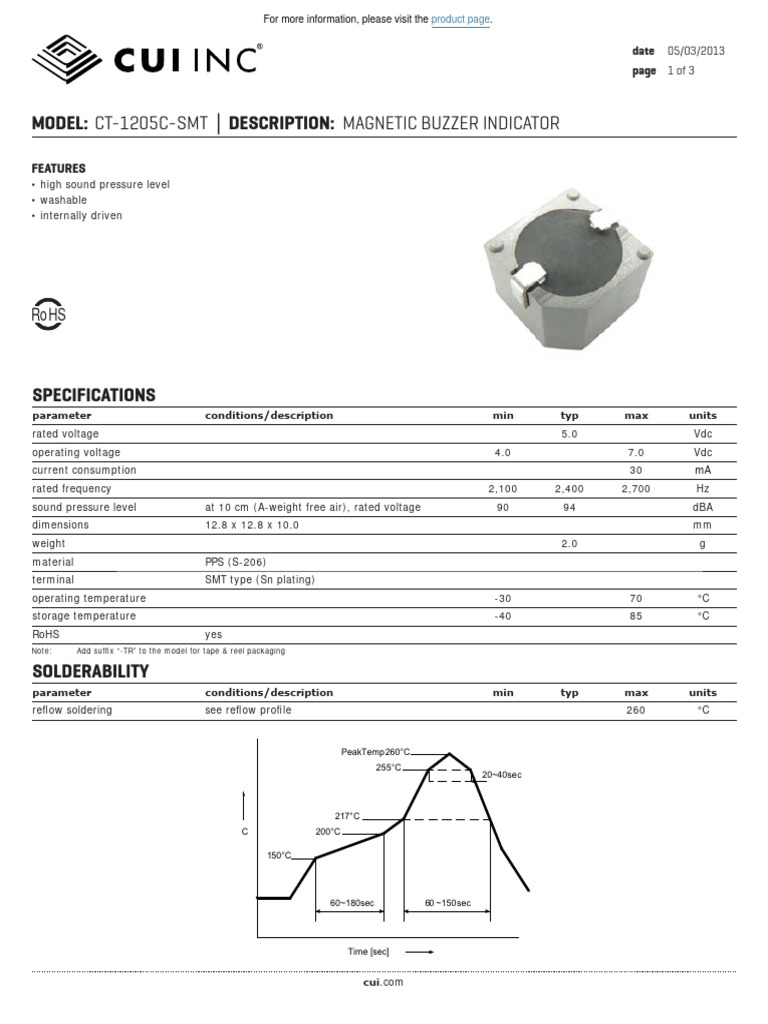 CT-1205C-SMT Datasheet - MAGNETIC BUZZER INDICATOR - CUI Inc | PDF ...