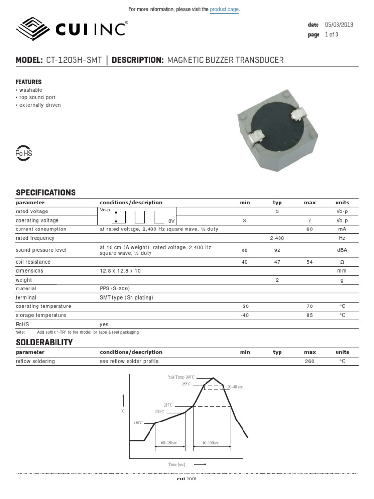CT-1205H-SMT Datasheet - MAGNETIC BUZZER TRANSDUCER _ CUI Inc | PDF ...