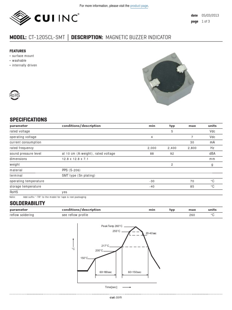 CT-1205CL-SMT Datasheet - MAGNETIC BUZZER INDICATOR - CUI Inc | PDF ...