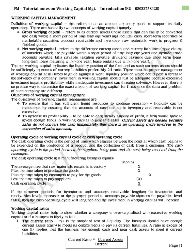 Working Capital MGT (Introduction) - PM | PDF | Working Capital | Financial Capital