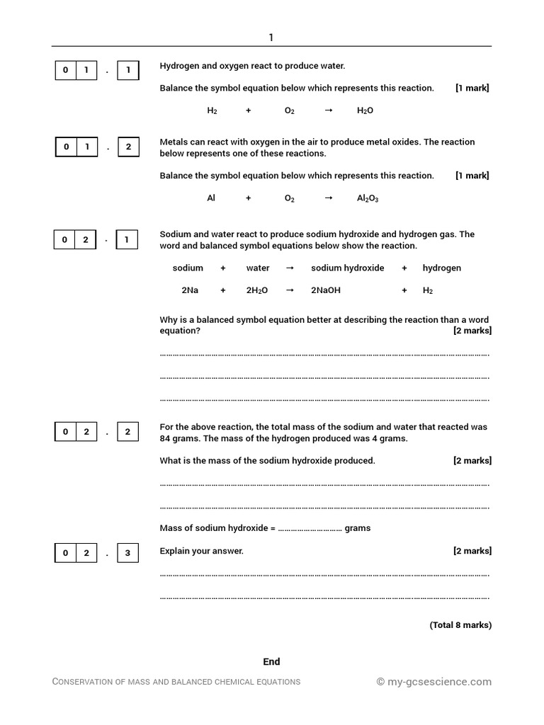 Conservation of Mass and Balanced Chemical Equations Questions | PDF ...