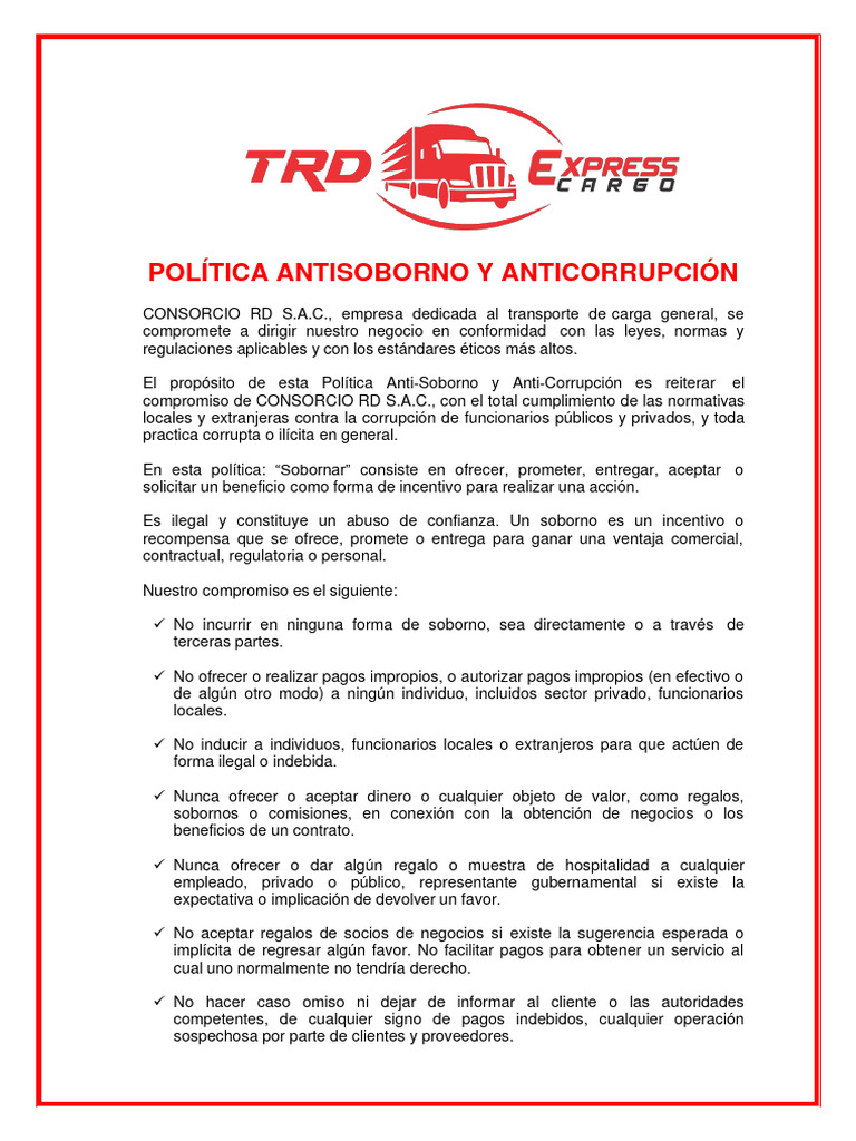 Politicas Antisoborno y Anticorrupción Consorcio RD Sac | PDF | Corrupción política | Soborno