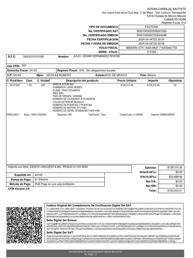 Este Documento Es Una Representación Impresa de Un CFDI No. Hojas: 1/1 | PDF | Pagos | Impuestos