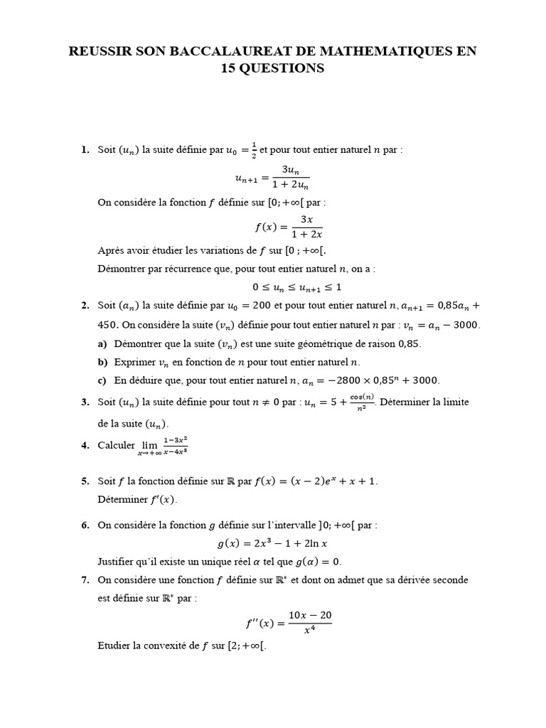 Réussir le Bac Maths en 15 Questions | PDF | Limite (mathématiques ...