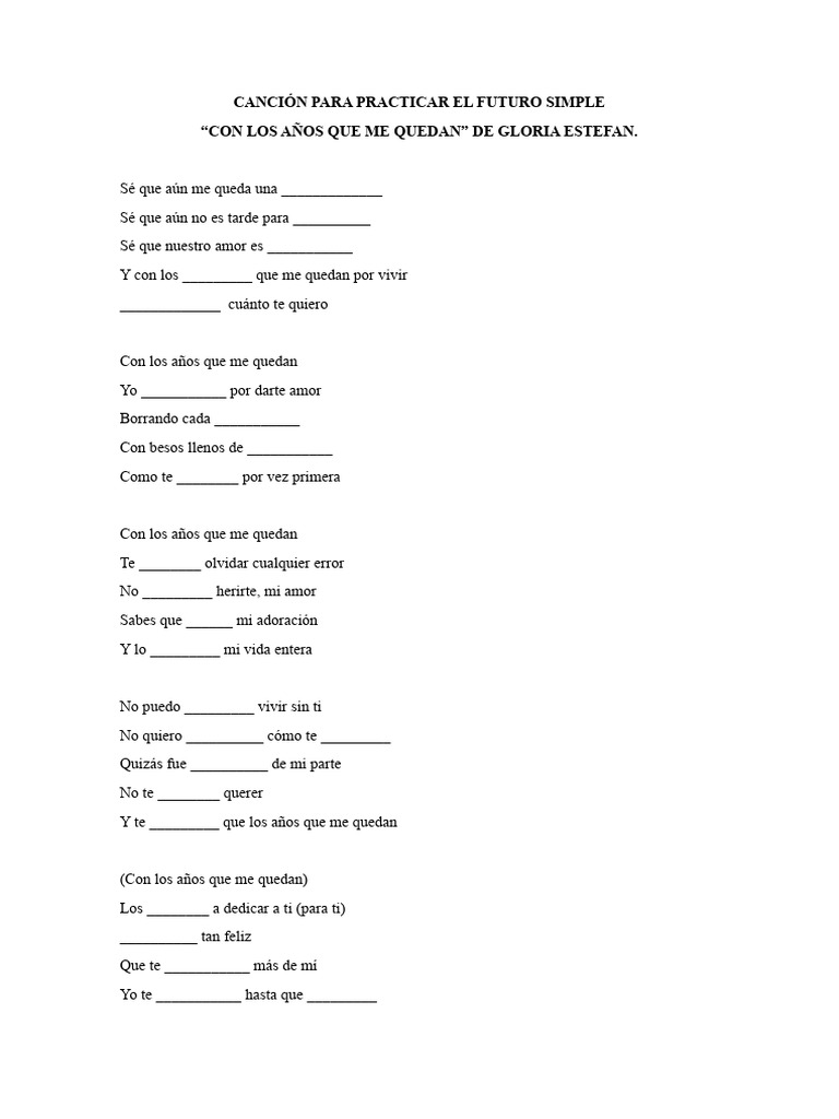 CANCIÓN PARA PRACTICAR EL FUTURO SIMPLE Con Huecos | PDF