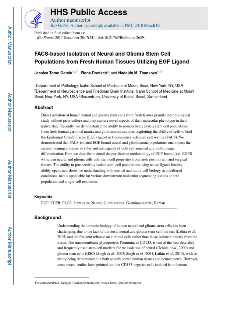 FACS-based Isolation of Neural and Glioma Stem Cell Populations From Fresh Human Tissues ...