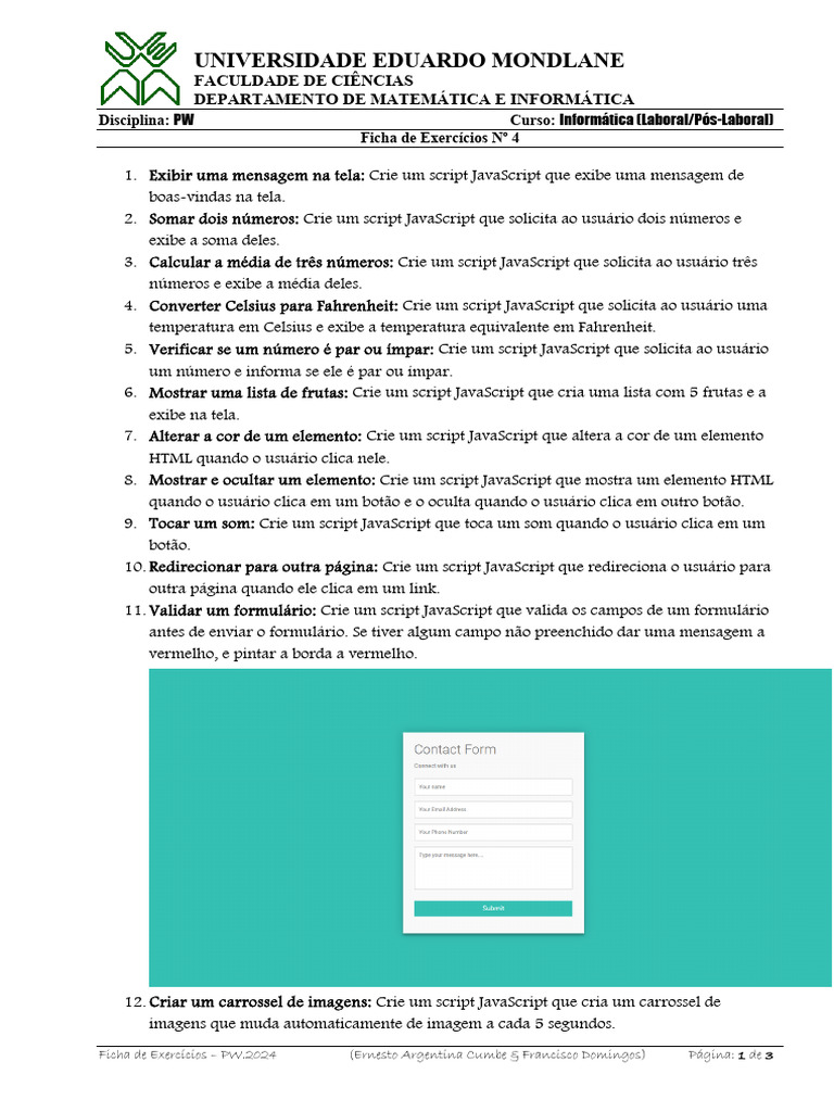 Ficha de Exercicios JavaScript | PDF | Script Java | Linguagem de script