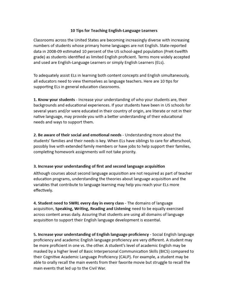 10 Tips For ELLs | PDF | Linguistics | Cultural Assimilation