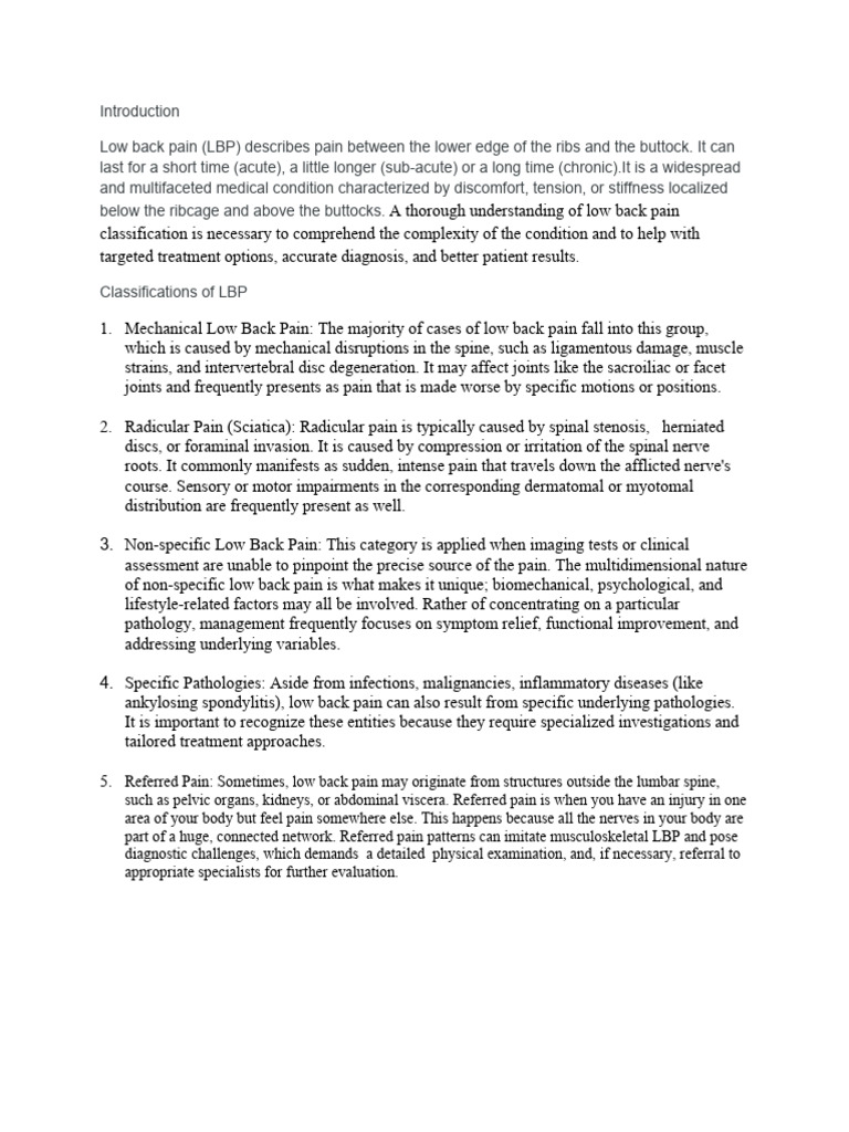 Low Back Pain Introduction and Classification | PDF | Back Pain | Low ...