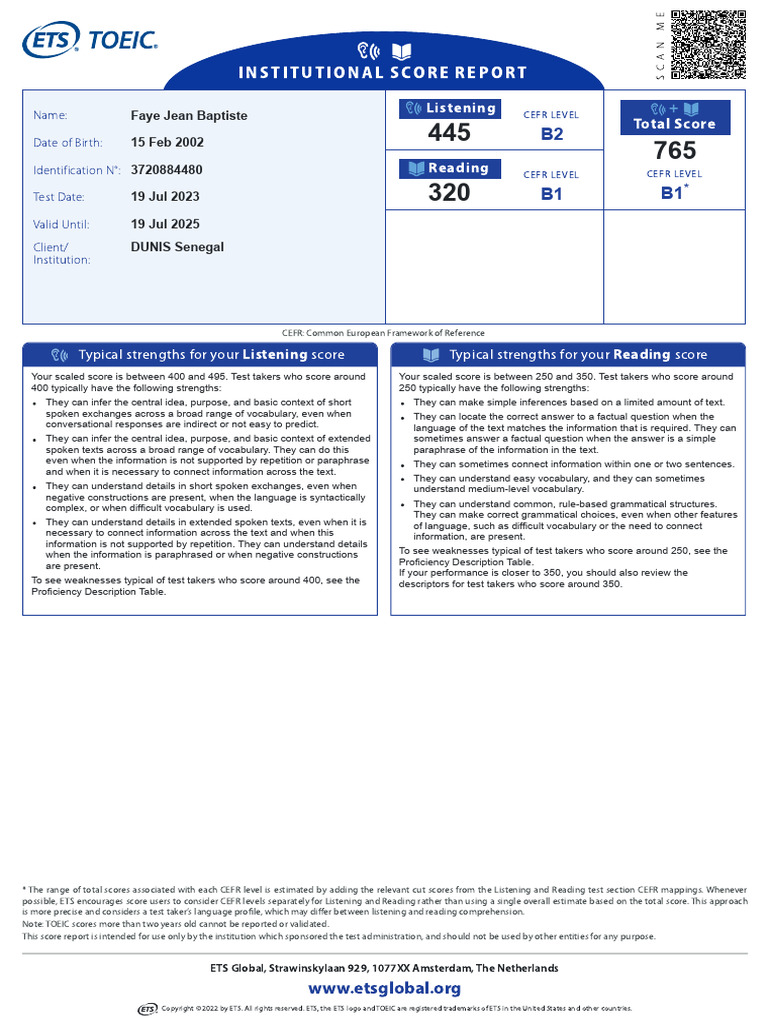 TOEIC Digital Score Report | PDF | Psycholinguistics | Cognition