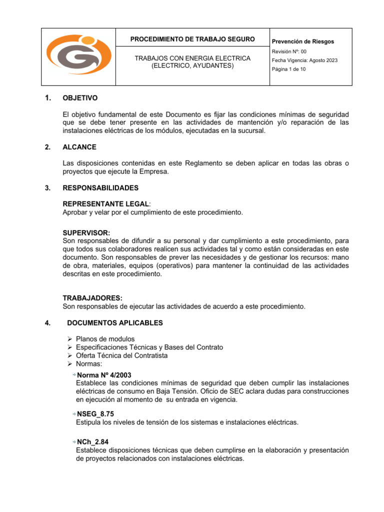 PTS Riesgo Electrico Garate Hermanos | PDF | Ingenieria Eléctrica | Red ...