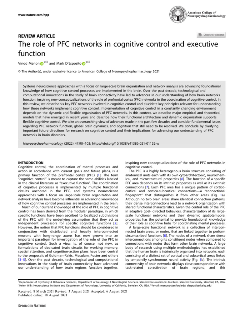 The Role of PFC Networks in Cognitive Control and Executive | PDF | Prefrontal Cortex ...