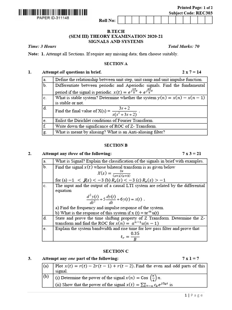 Signals & Systems 2020-21 | PDF | Laplace Transform | Signal Processing