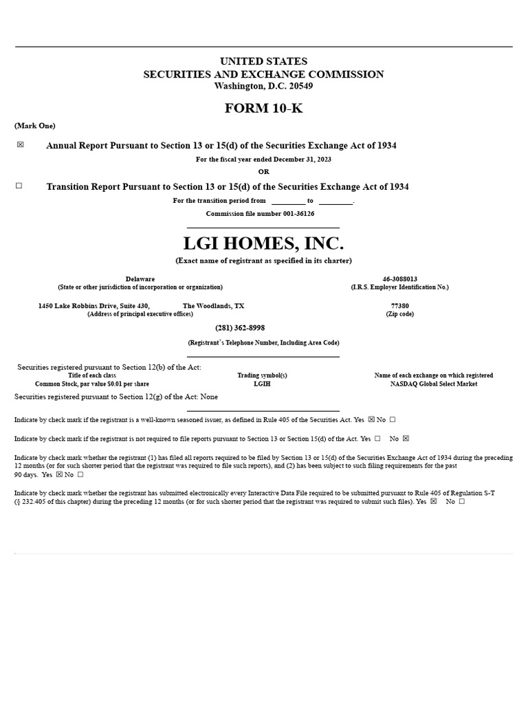 Lgi Homes, Inc.: FORM 10-K | PDF | Stocks | Mergers And Acquisitions