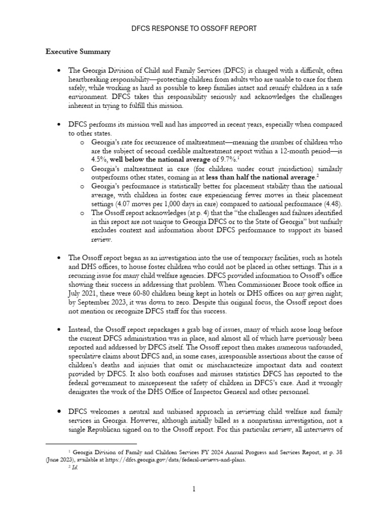 DFCS Response To Ossoff Report | PDF | Legal Guardian | Foster Care