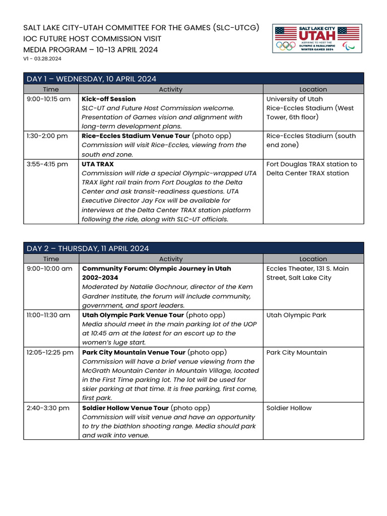 Ioc FHC Visit Agenda Media Plan v1 | PDF | Olympic Games | Sports