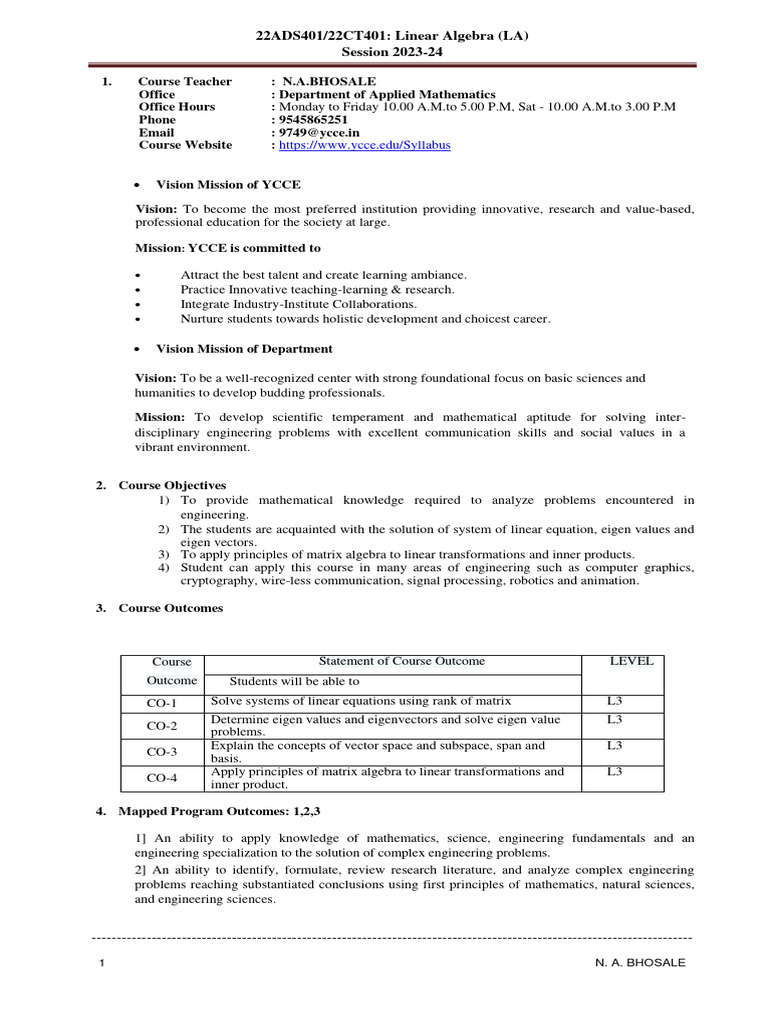 La Syllabus Pdf Eigenvalues And Eigenvectors Linear Map 
