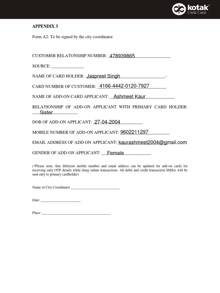 Addon Card Application Form (1) | PDF | Credit Card
