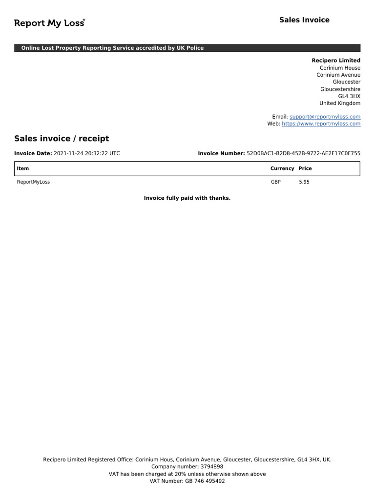 Report My Loss Invoice | PDF