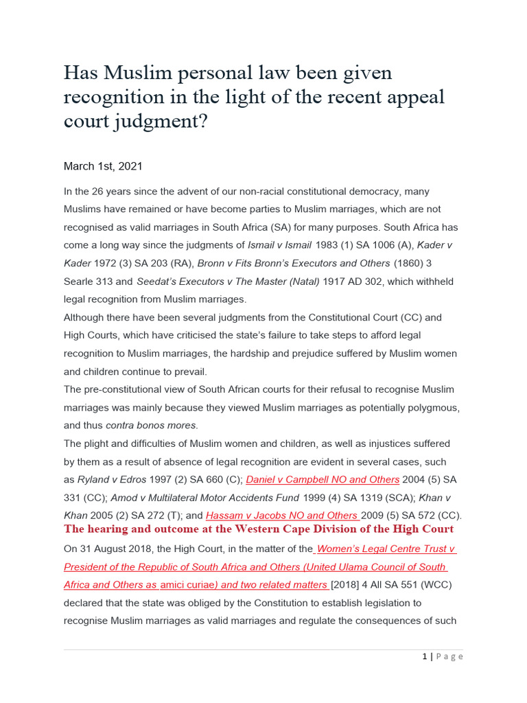 Has Muslim personal law been given recognition in the light of the ...
