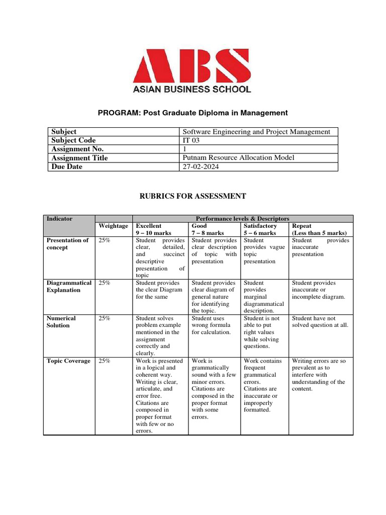 Assignment1 Rubrics (SEPM) | PDF