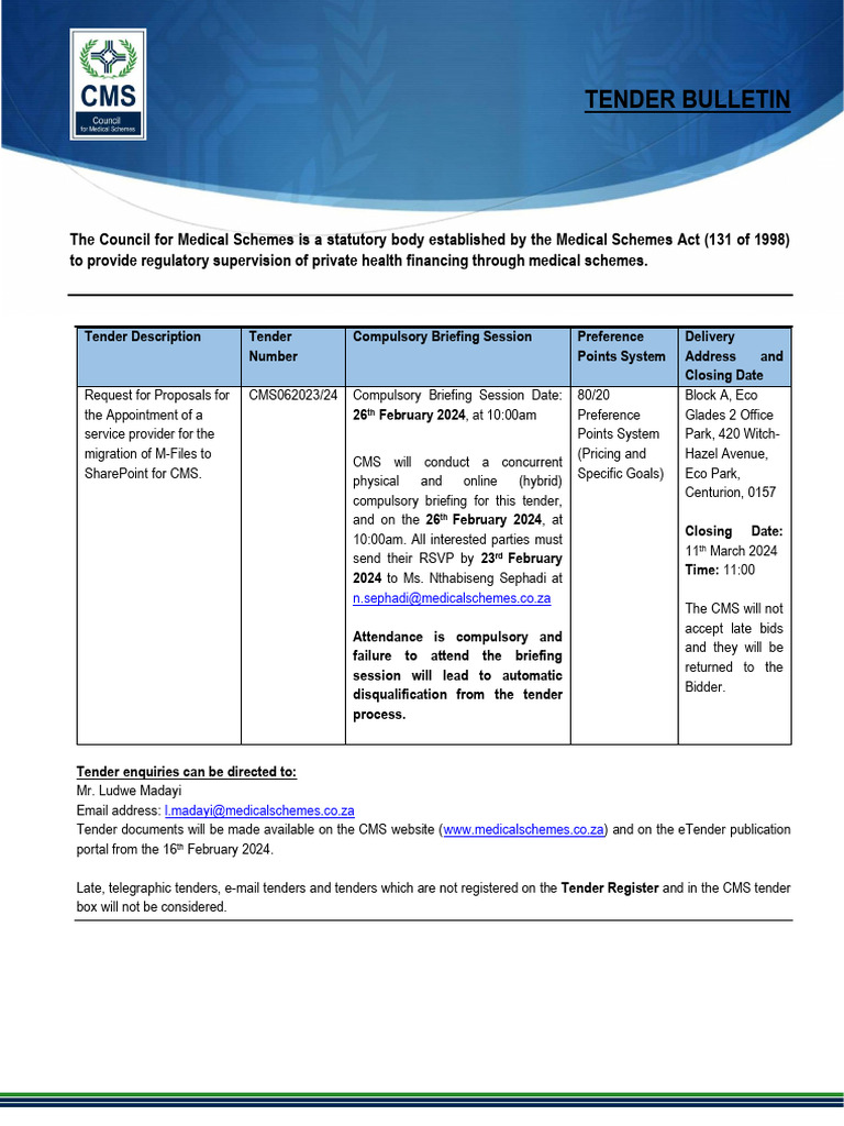 Tender Document - M-File Migration to Sharepoint for Council for Medical Schemes | PDF | Request ...