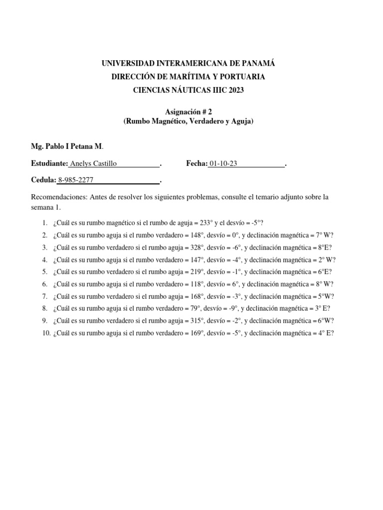 Asignación 2 (Rumbo Aguja, Magnético, Verdadero) | PDF | Métodos y ...