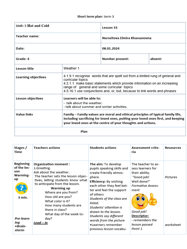 Lesson Plan 4 Grade For The 3rd Term | PDF | Learning | Teachers