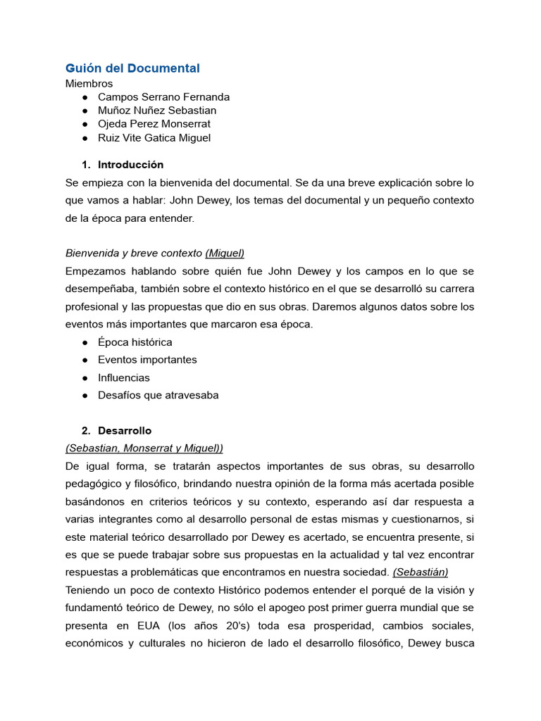 Guión Del Documental | PDF | John Dewey | Pragmatismo