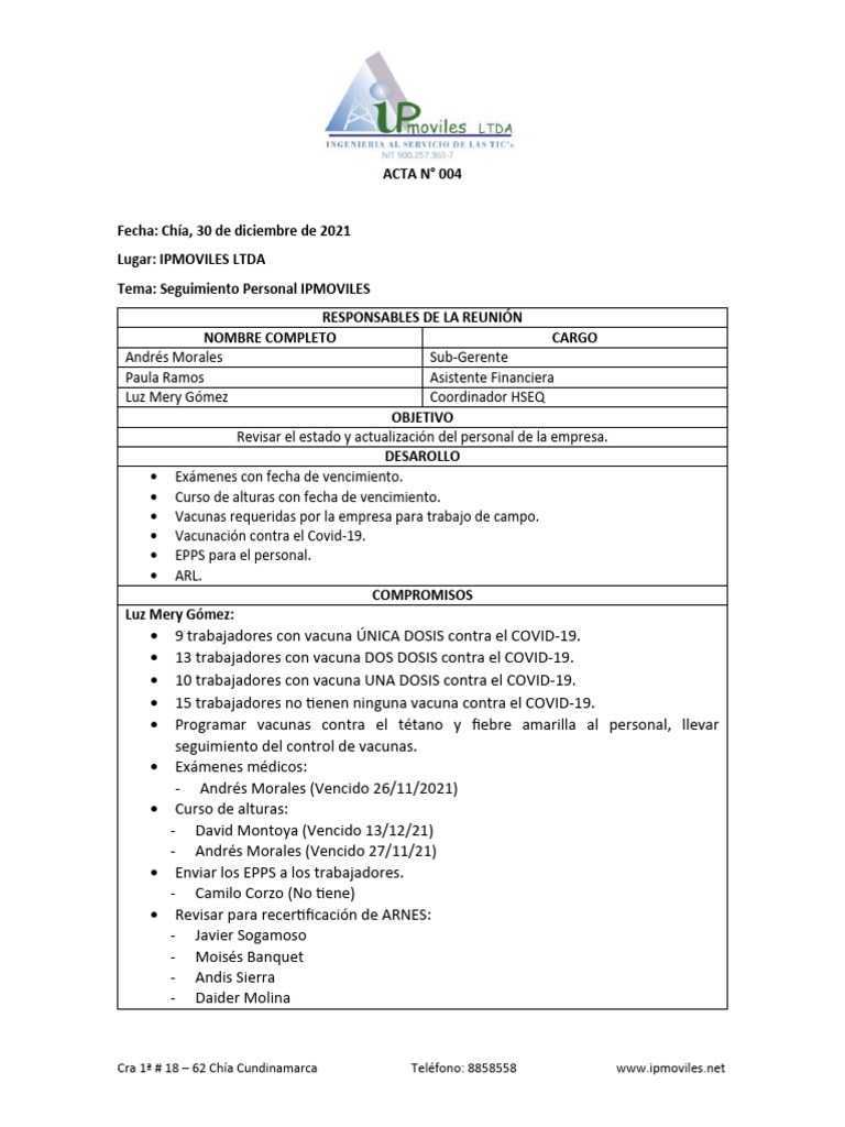 Acta N°004 - Personal - 30 Diciembre 2021 | PDF | Vacunación
