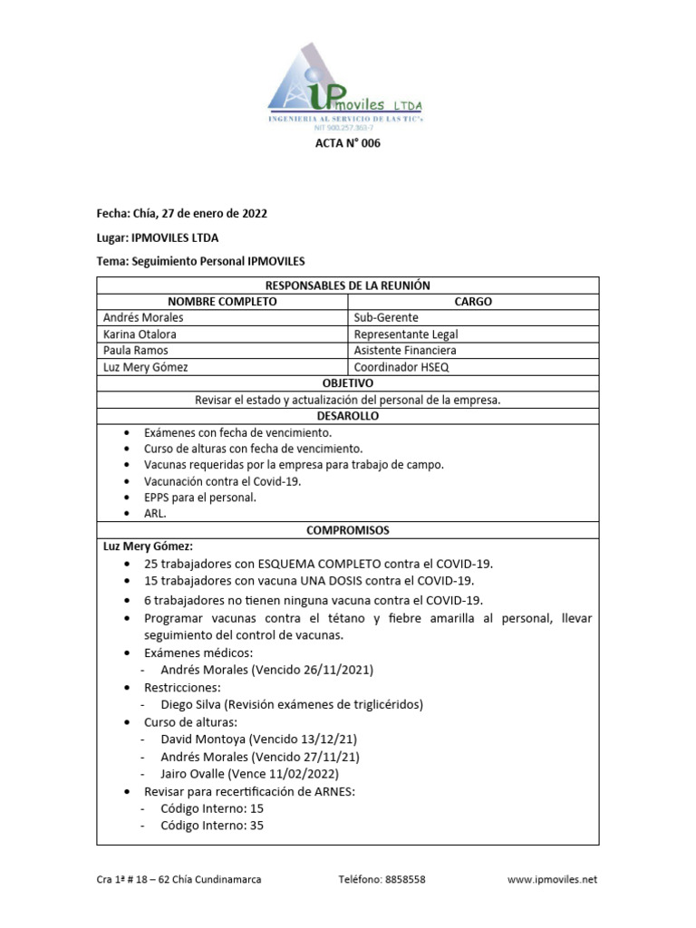 Acta N°006 - Personal - 27 Enero 2022 | PDF | Vacunación