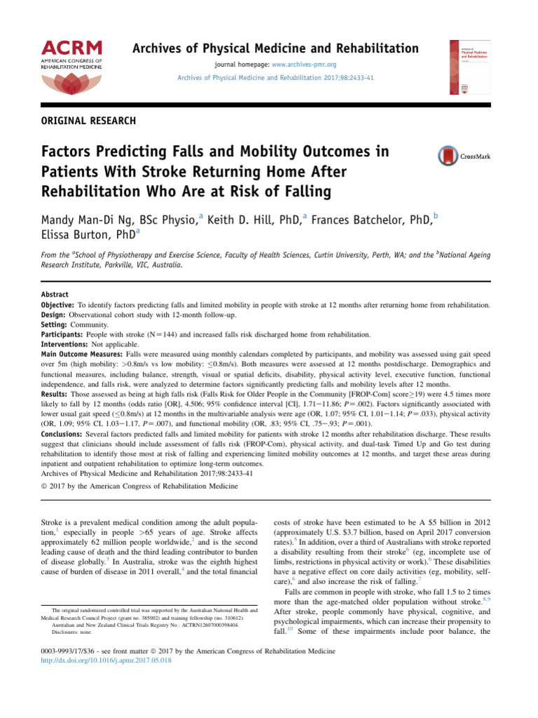 Factors Predicting Falls and Mobility Outcomes in Patients With Stroke ...