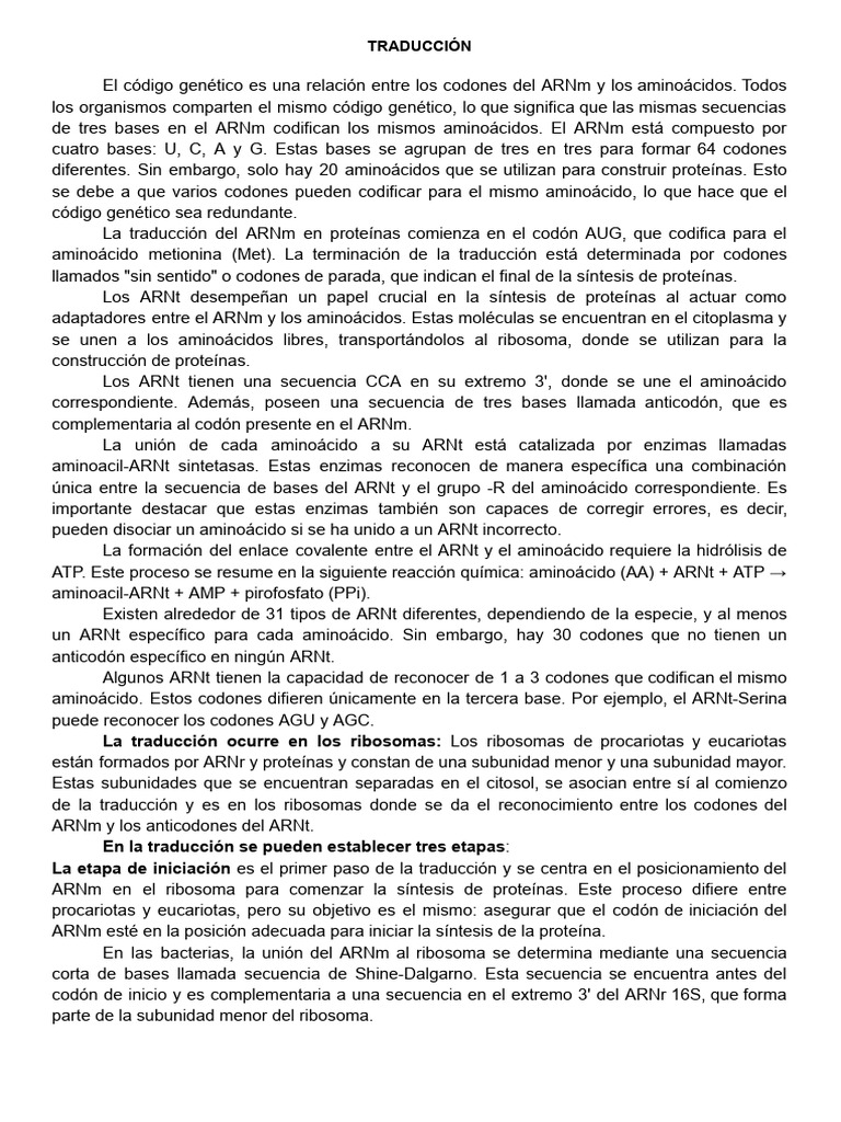TRADUCCIÓN ADN-ARN | PDF | Traducción (biología) | Codigo genetico