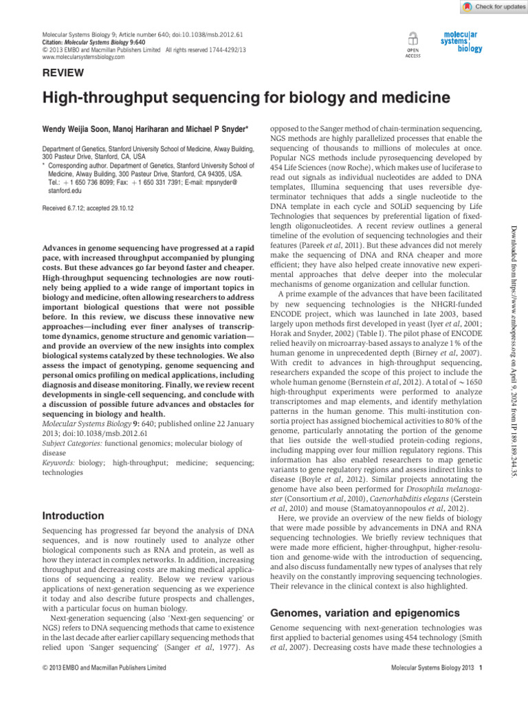 Soon Et Al 2013 High Throughput Sequencing For Biology and Medicine | Download Free PDF | Dna ...