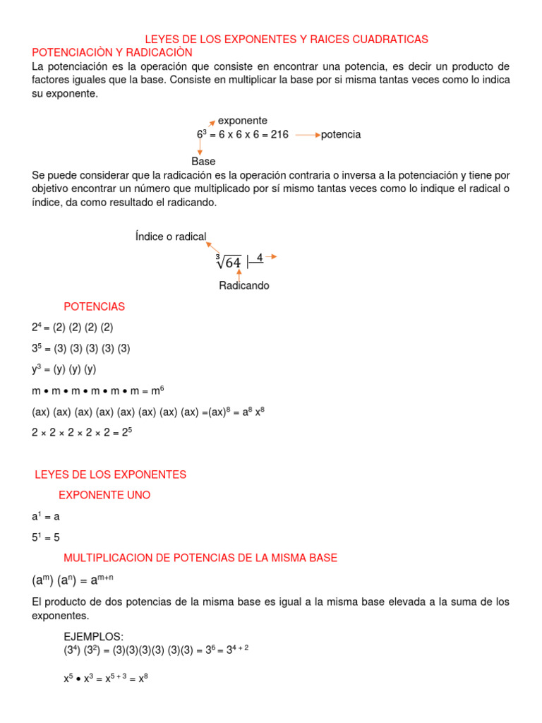 3 LEYES DE LOS EXPONENTES Y RAICES CUADRADAS | PDF | Exponenciación ...