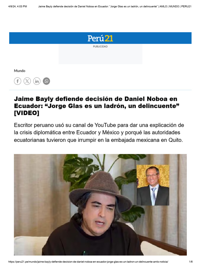 Jaime Bayly Defiende Decisión de Daniel Noboa en Ecuador - "Jorge Glas ...
