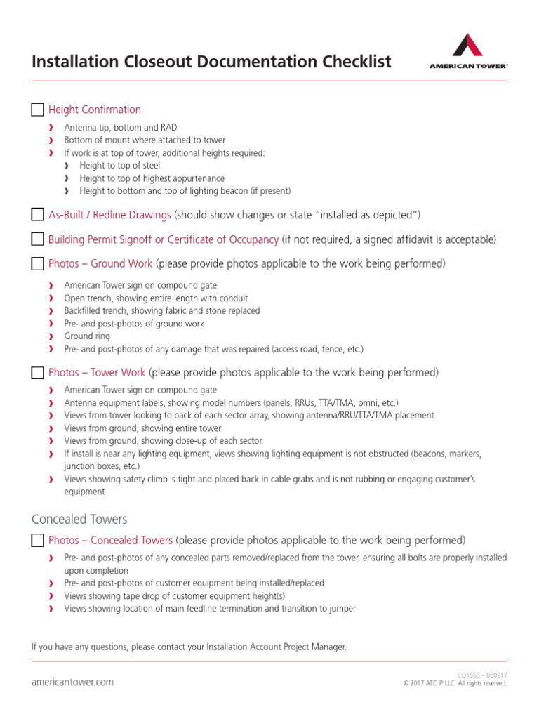 Installation Closeout Checklist Final 083117 | PDF