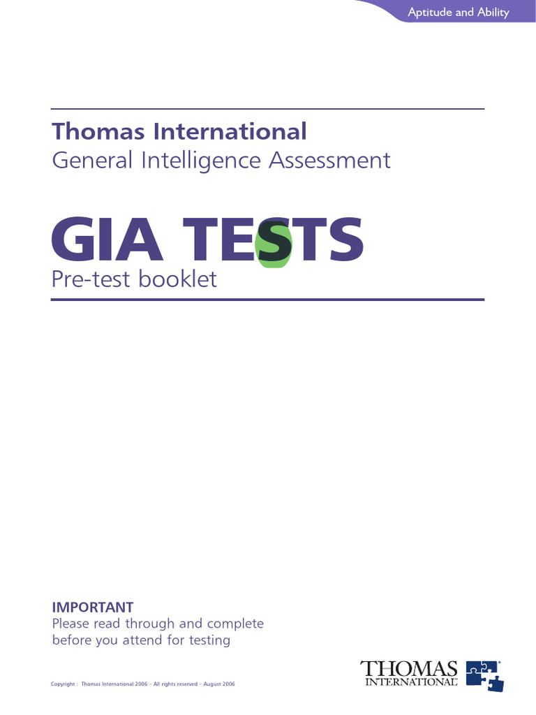 GIA TESTS. Thomas International General Intelligence Assessment. Pre ...