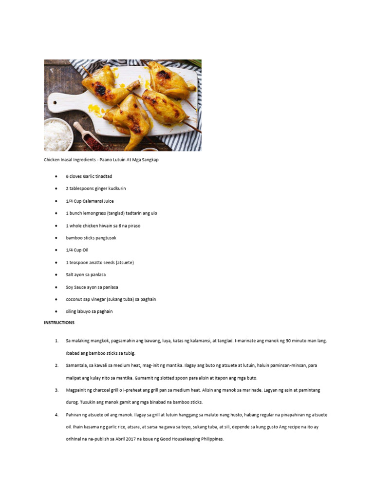 Chicken Inasal Ingredients - Paano Lutuin at Mga Sangkap | PDF