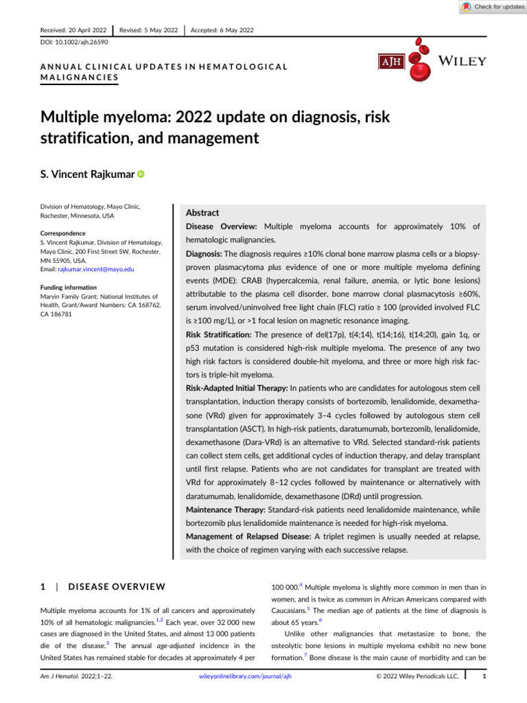 Am J Hematol 2022 MM Update | PDF | Multiple Myeloma | Clinical Medicine