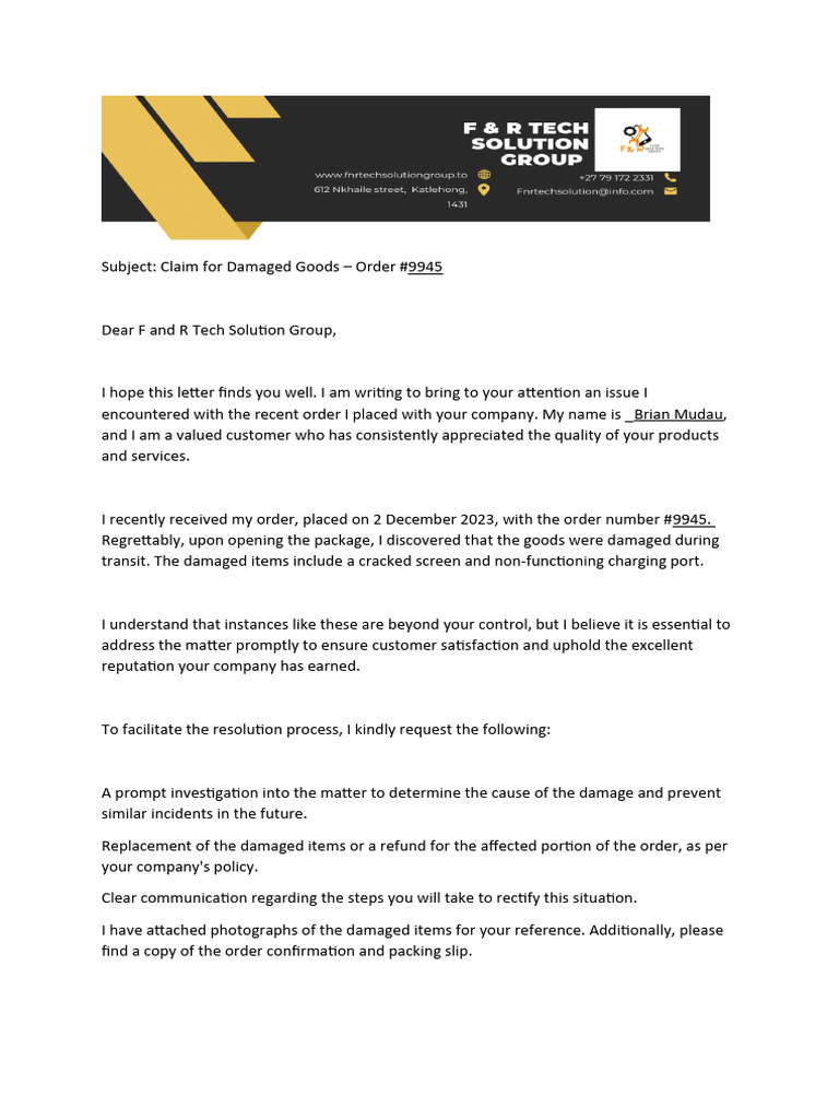 Claim For Damaged Goods | PDF