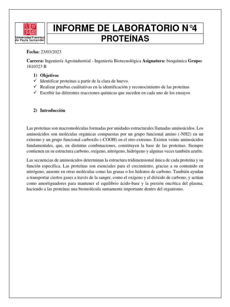 1610323 B Informe Lab Bioq 2023 1 Practica 4 proteinas | PDF ... 1610323 B Informe Lab Bioq 2023 1 Practica 4 proteinas | PDF ...