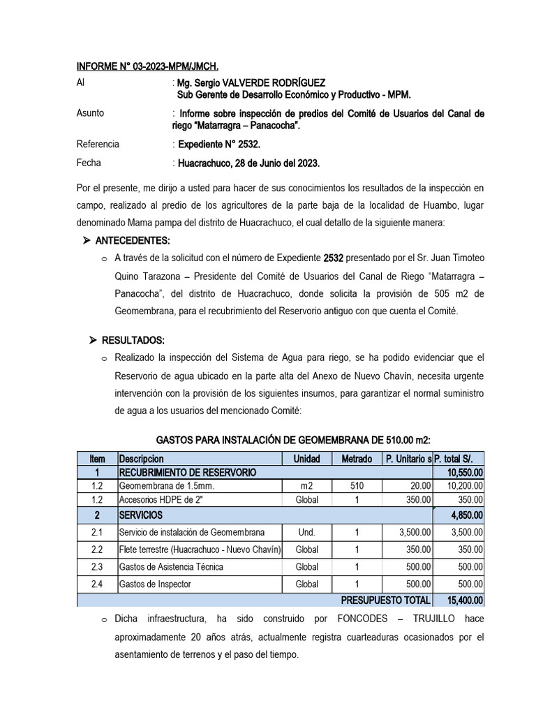 3 Informe Inspeccion Sist. Riego Chavín | PDF
