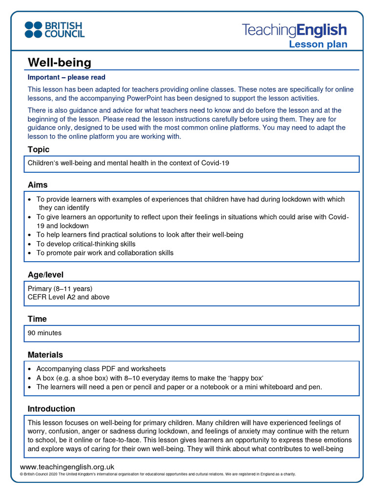 Well-Being Online Lesson Plan-2 | PDF | Well Being | Learning