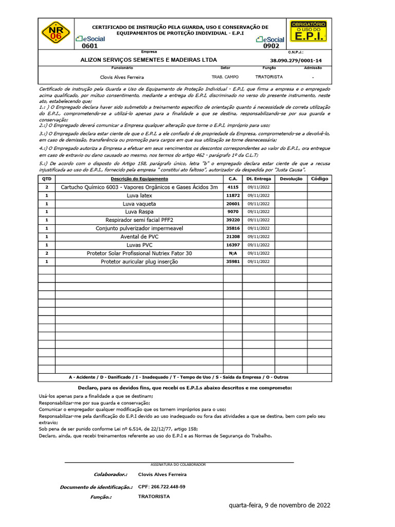 Fichas de EPI's - Clovis | PDF