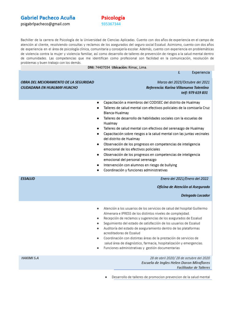 CV Pacheco | PDF | Sicología | Salud mental